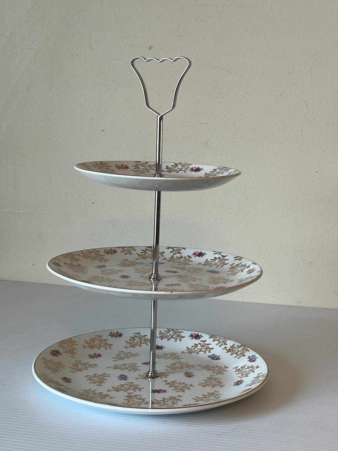 3-tier Serving Tray, Floral Platter, Gold Abstract Leaf, Pink Roses ...