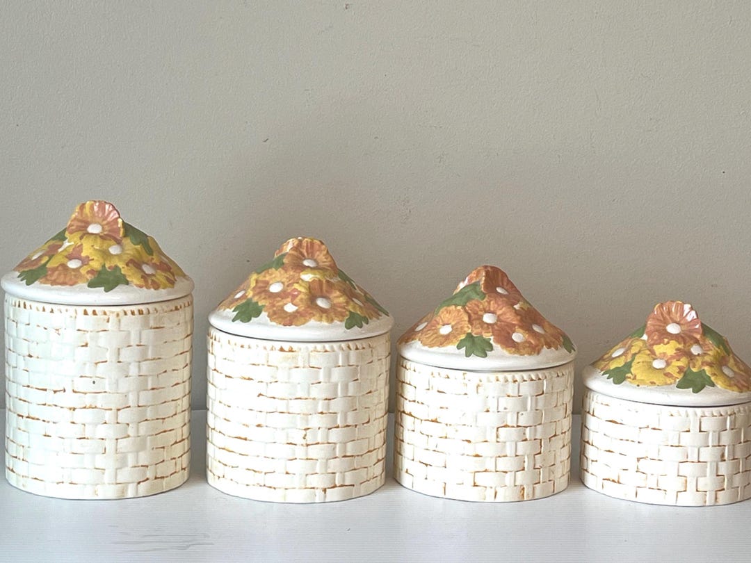 Vintage Ceramic Kitchen Canister Set, Basket Weave Canisters, Floral ...