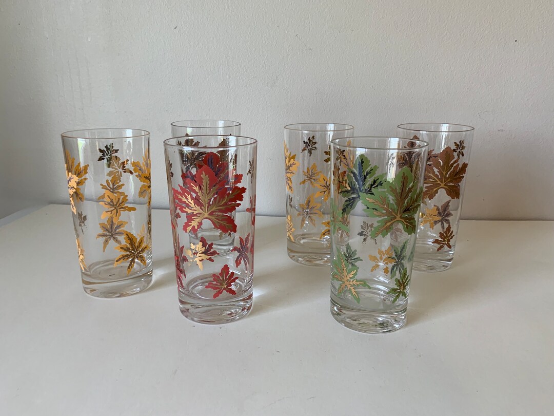 Mid Century Maple Leaf Glasses Set of 6, Retro Water Glasses, Vintage ...