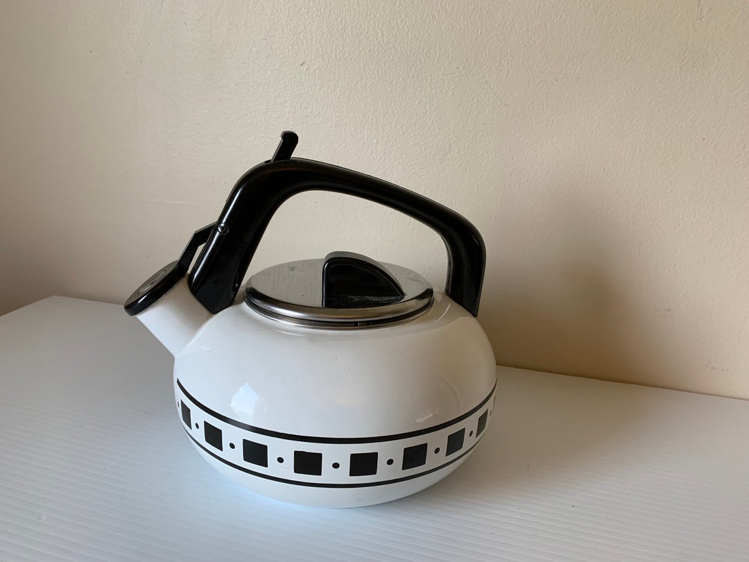 White Black Checker Enamel Vintage Tea Kettle, Teapot Set, Kitchen ...