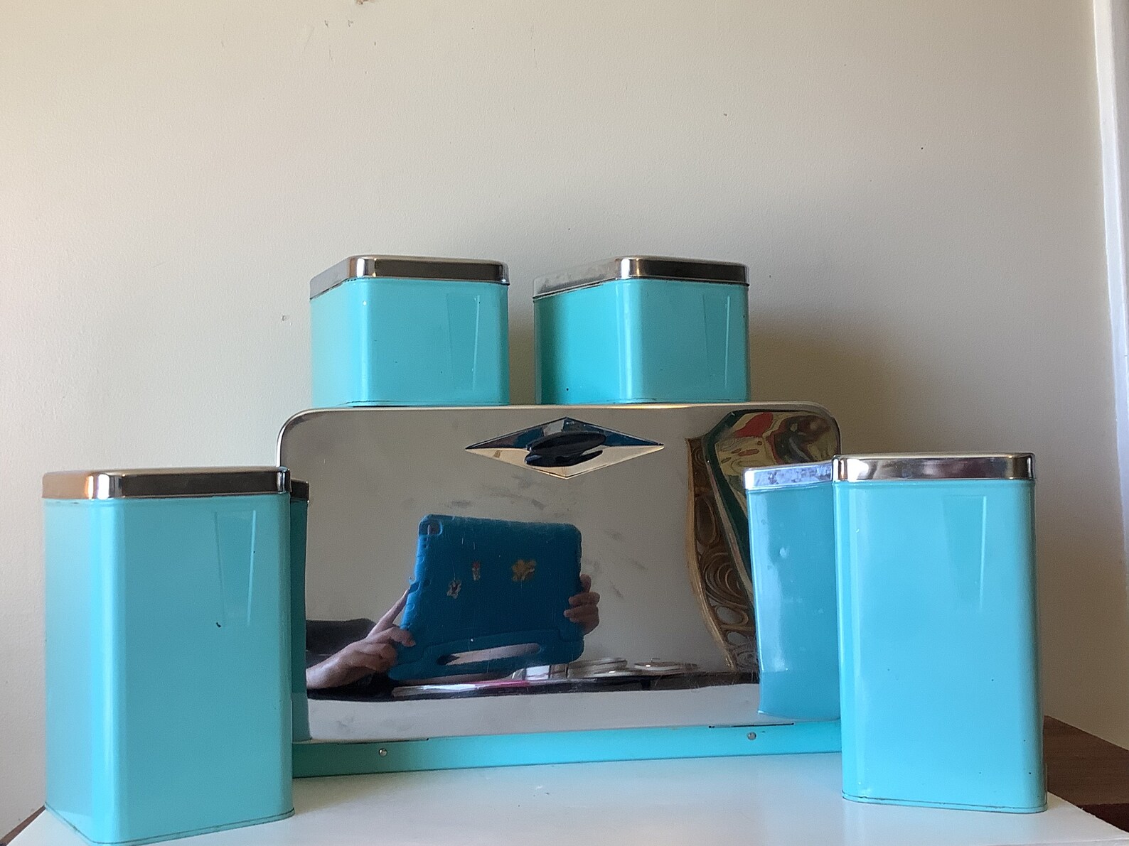Vintage Turquoise Canister Set Including Breadbox, MCM Robin Egg Blue ...