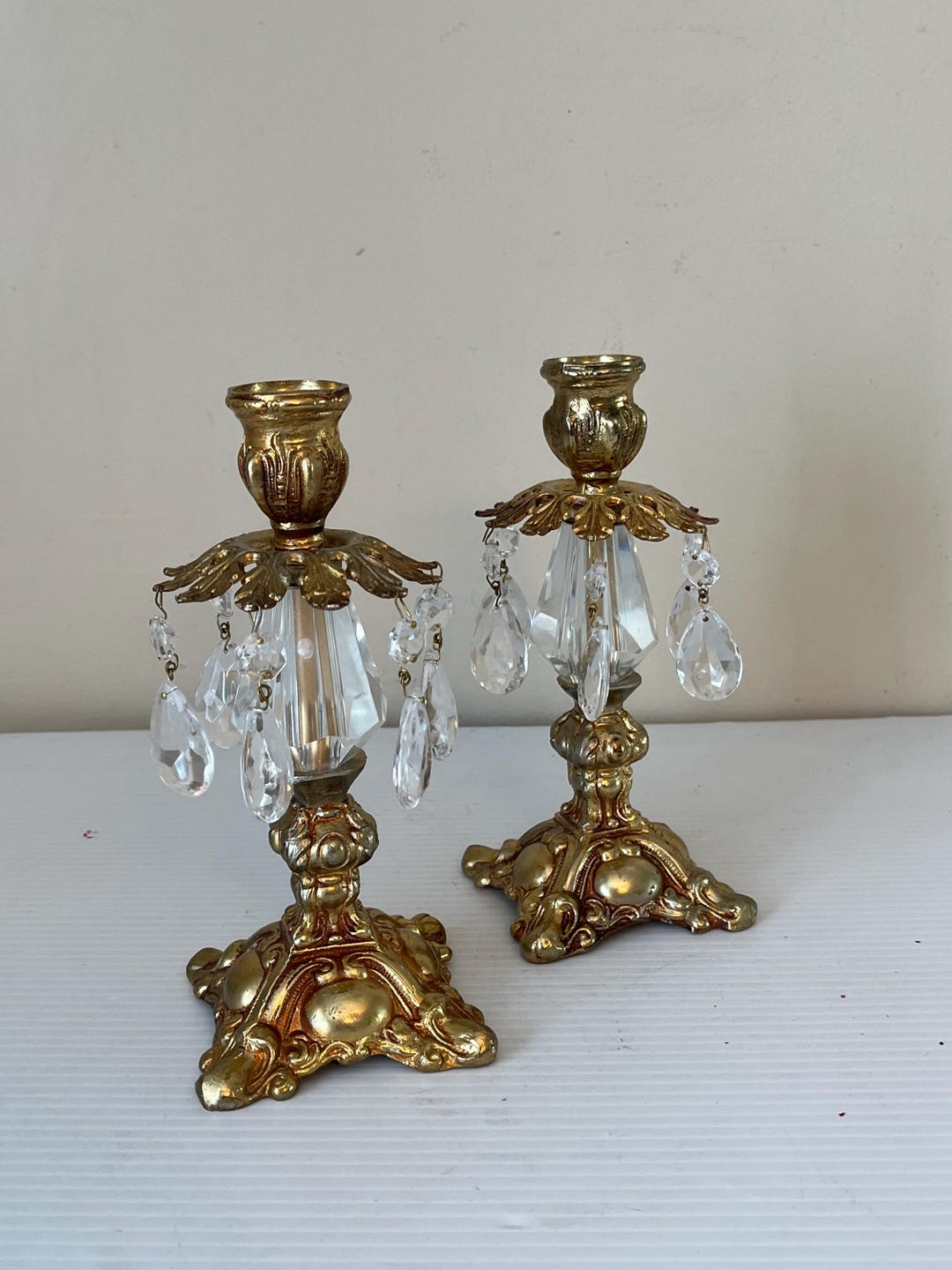 Vintage Gold Metal Candlesticks, Crystal Candle Holders Gift, Hollywood ...