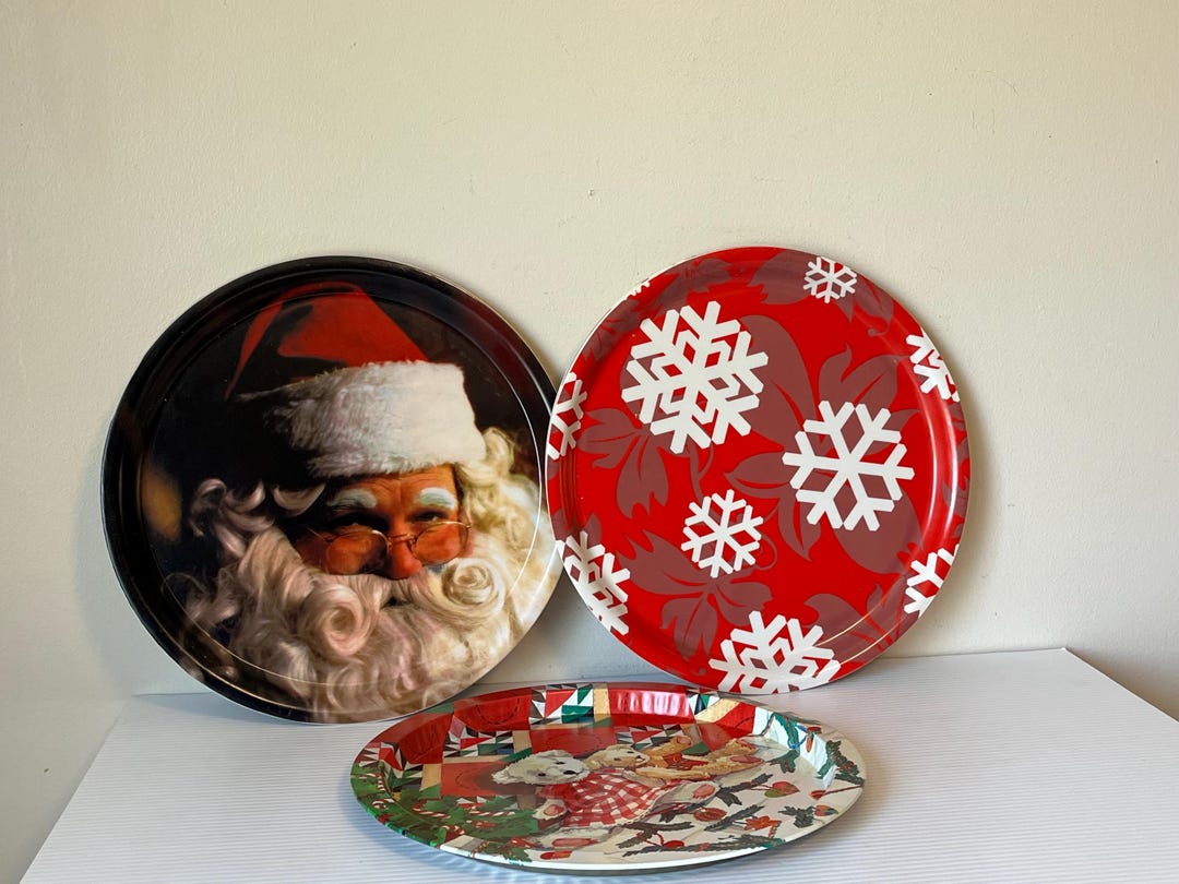 4 Retro Vintage Plastic Christmas Serving Trays, 1 Holiday Metal Party ...