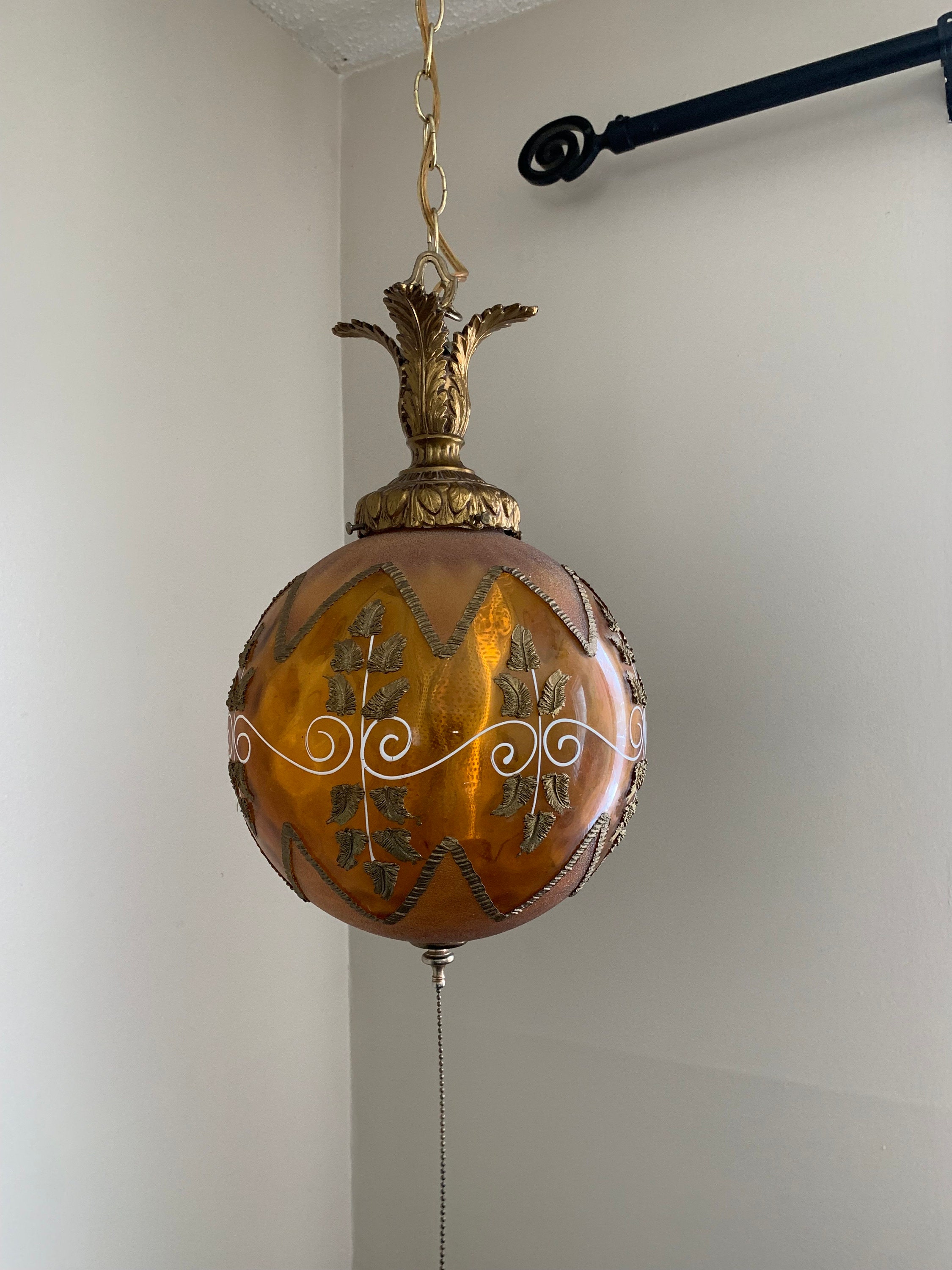 Vintage Amber Glass Hanging Swag Lamp, Retro Swag Lamp, Mid Century ...