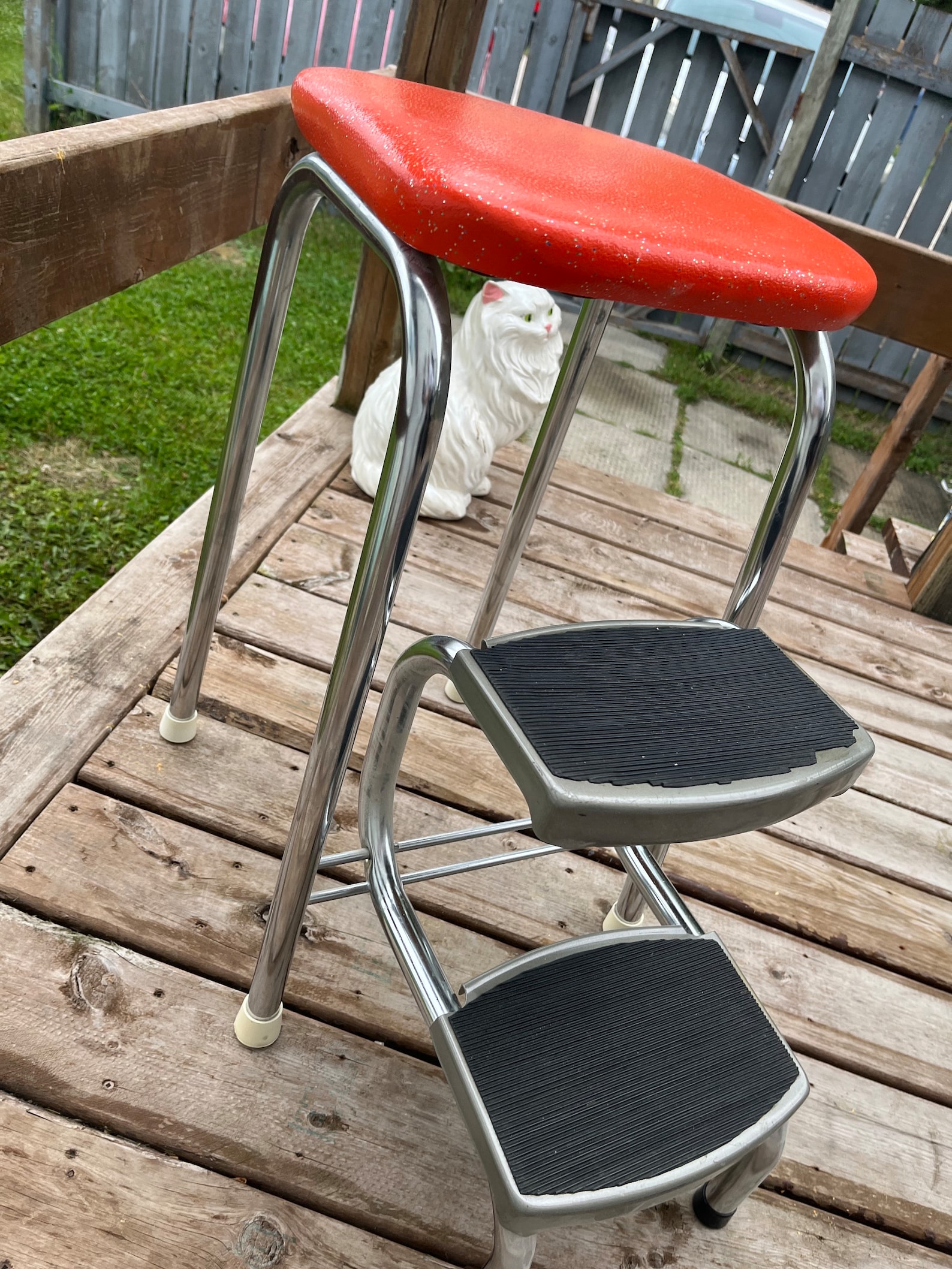Vintage Chrome Kitchen Step Stool Chair Orange Vinyl Upholstery 1960s ...