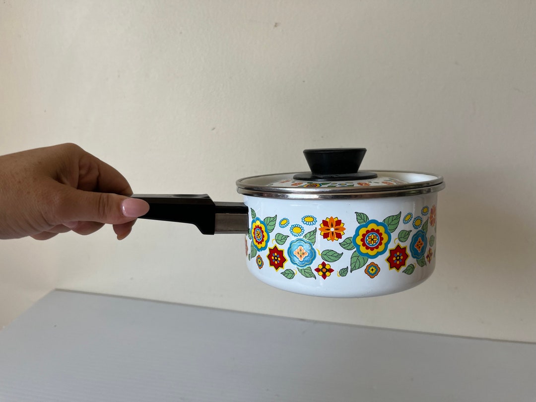 Vintage Retro Small Cooking Pot ,enamel Floral Design, Kitchen Decor ...