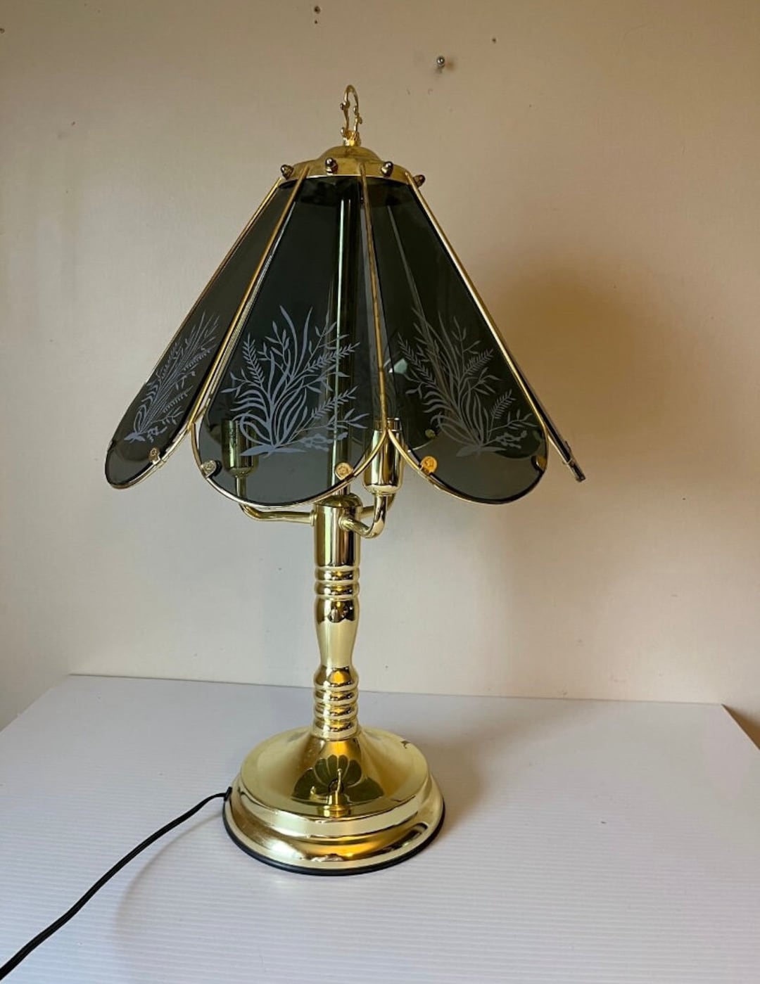 Vintage Etched Glass Touch Lamp Brass Tone 8 Glass Panels 3 Settings ...