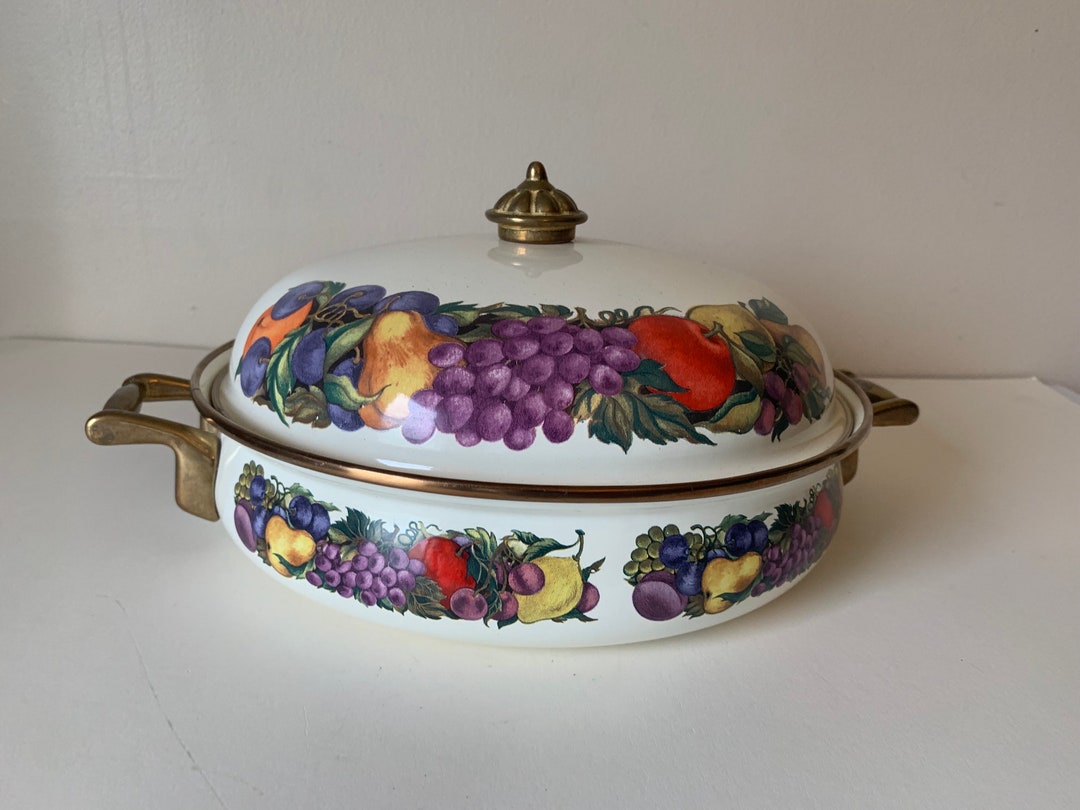 Vintage Cornucopia Enamel Brass Cooking Pot, Enamelware Kitchen Decor ...