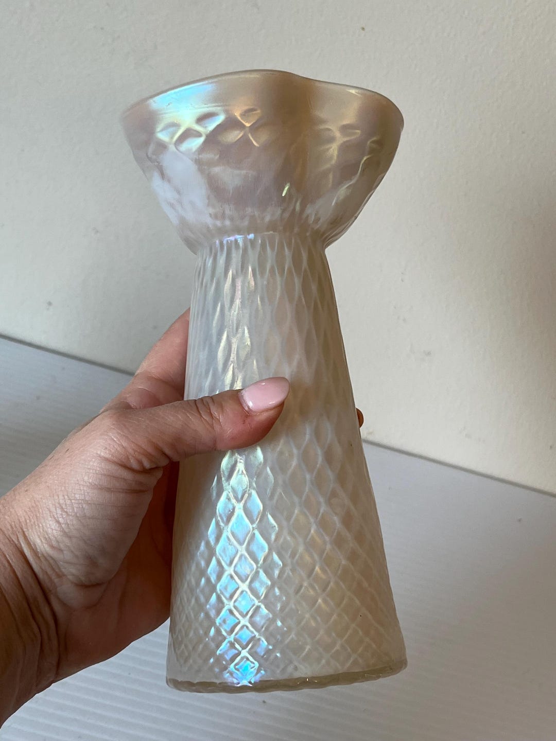 Small Diamond Iridescent Milk Glass Vase, Mini Vase, Petite Vase ...