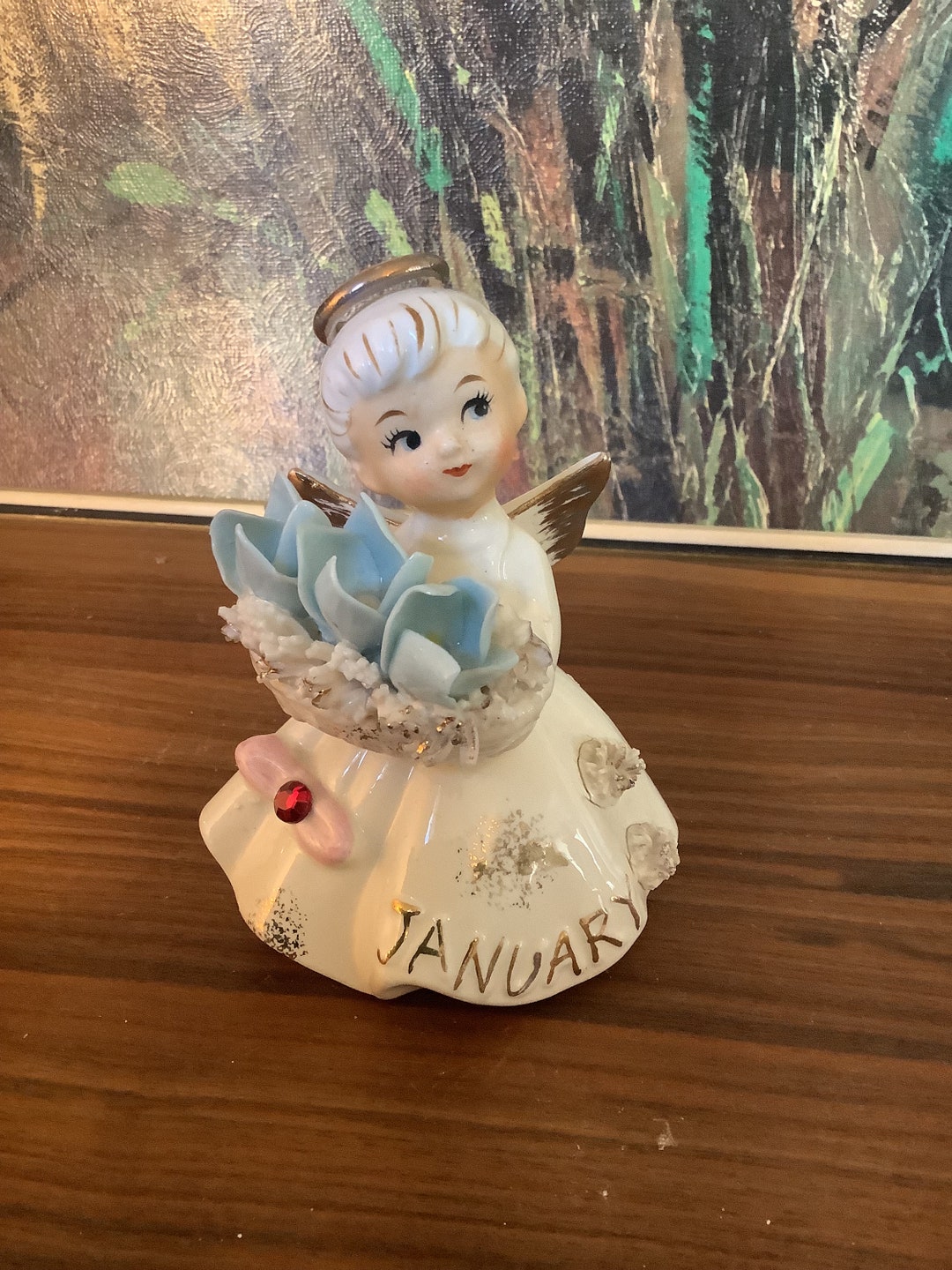 Vintage Lefton January Birthday Angel Snowdrop Figurine Spaghetti Trim ...