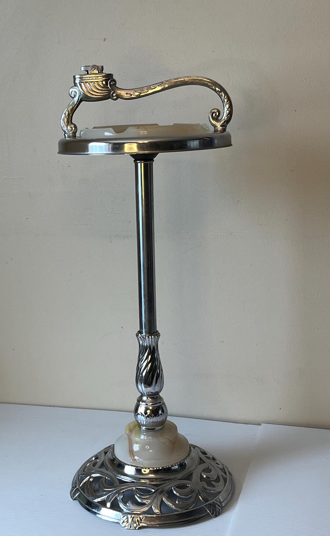Vintage Art Deco Ashtray Stand, Chrome With Base, Built-in Lighter ...