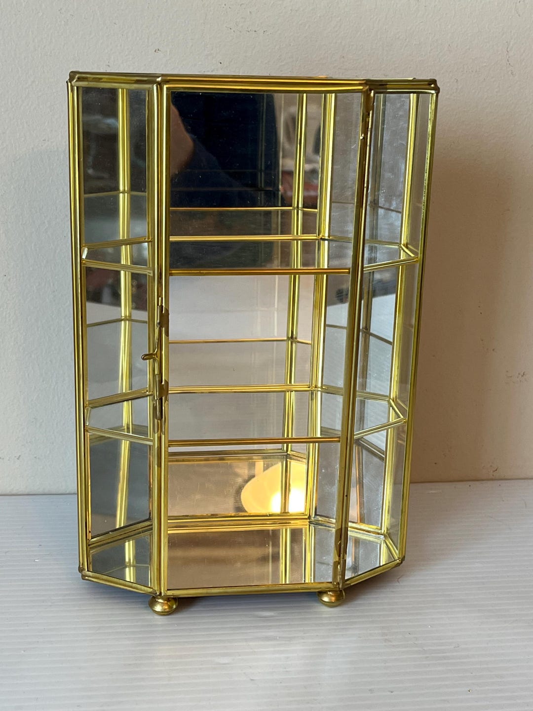 Stylish Glass and Brass Octagon Display Case With Hinged Door, Mirrored ...