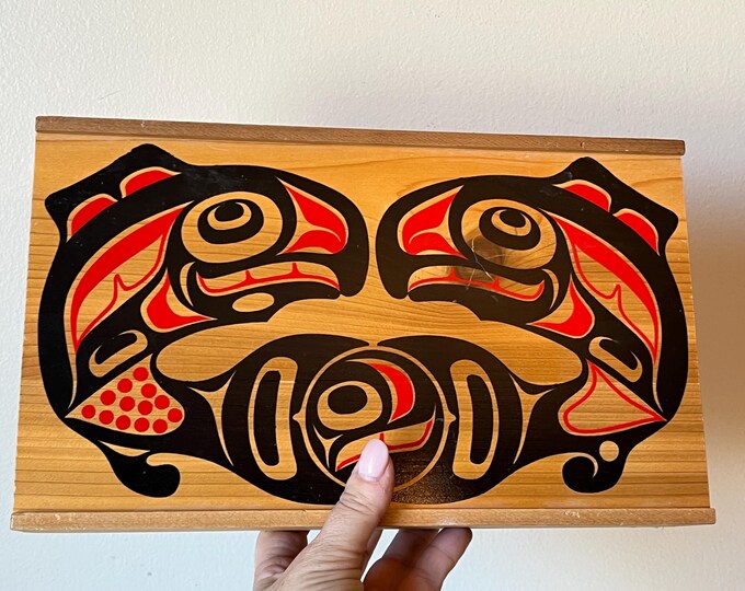 Vintage West Coast Haida Native Art Cedar Box With Salmon Design, Hand ...