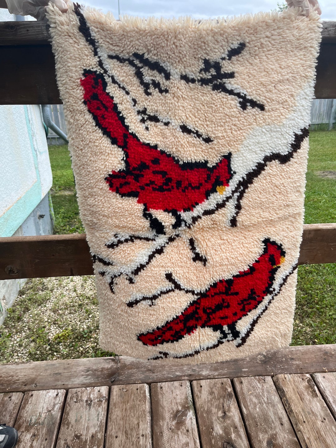 Mid Century Modern Handmade Red Cardinal Latch Hook Wall Hanging ...