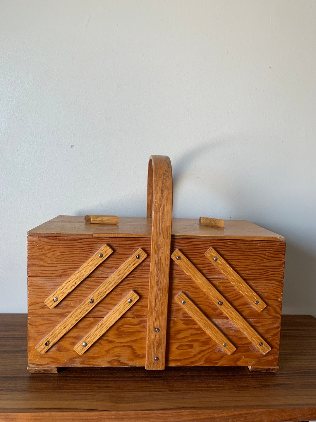 Vintage Accordion Style Wooden Sewing Box-vintage 3 Tier Wooden ...