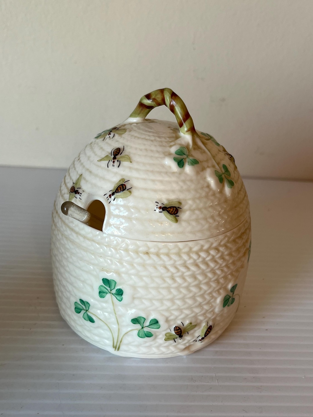 Belleek Shamrock Honey Pot Glass Spoon, Vintage Bee Jar, Skep Honey Jar ...