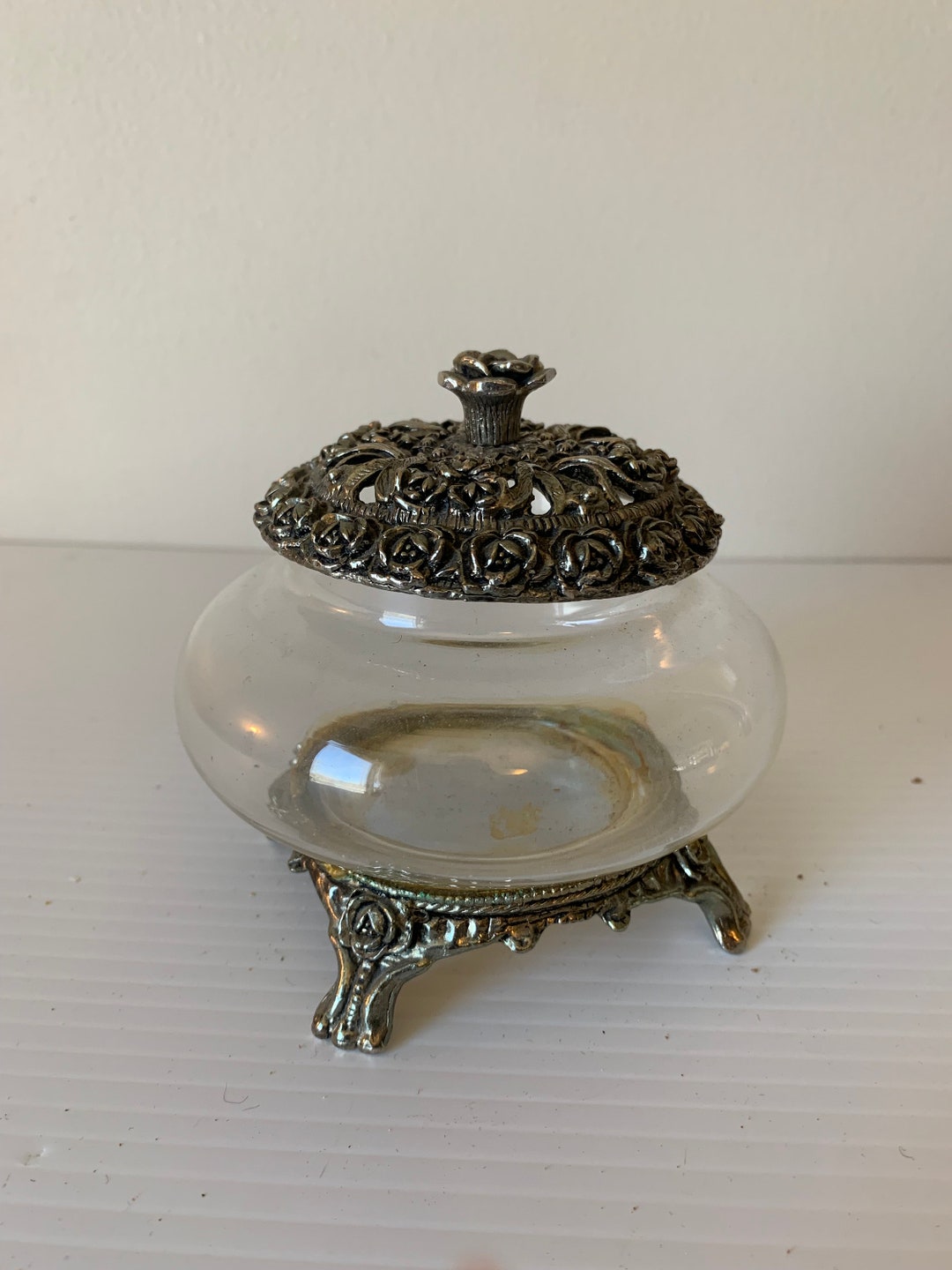 Exquisite Glass and Pewter Vintage Potpourri/decorator Container: A ...
