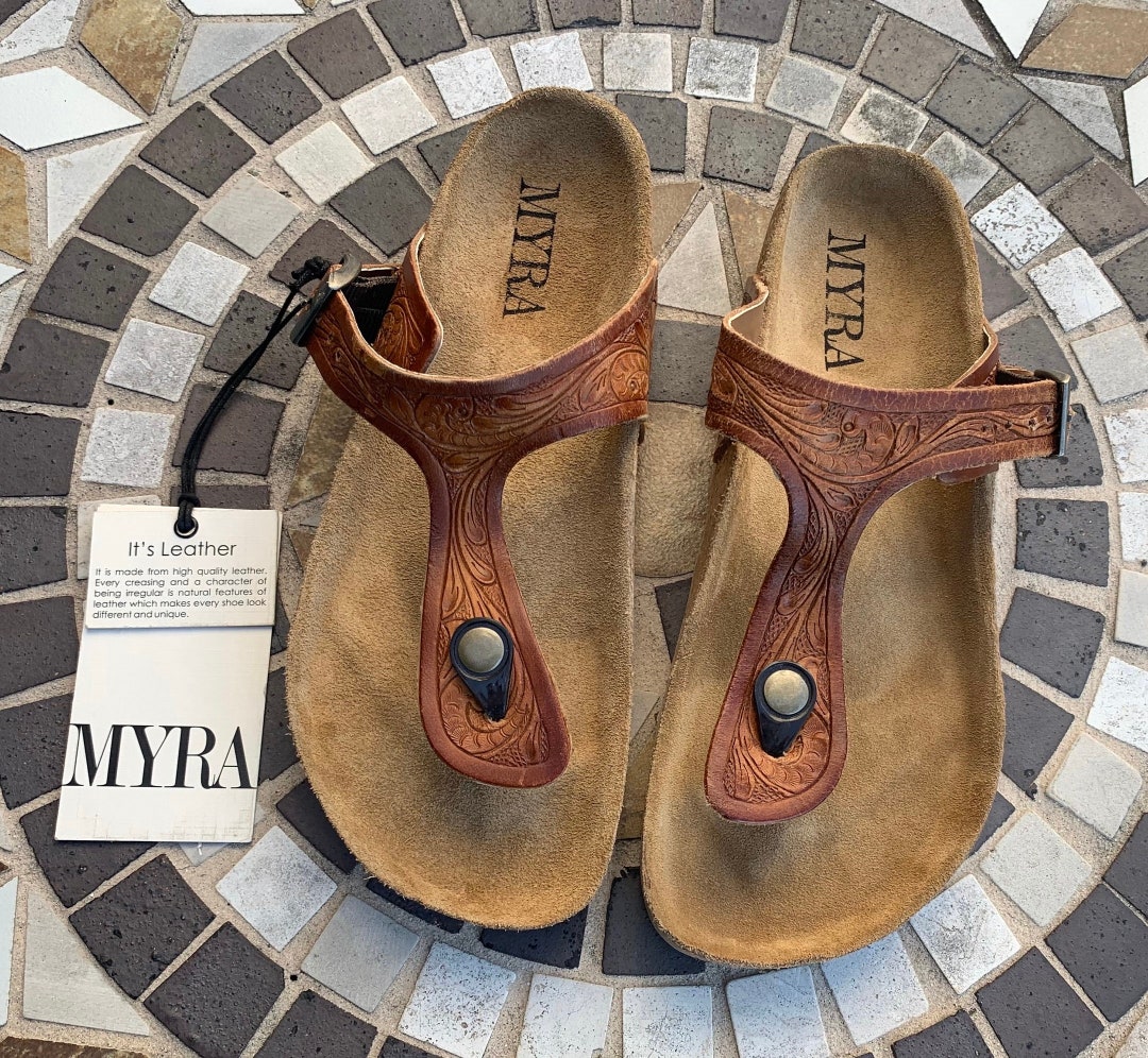 Myra Woman's Hand-tooled Tan Thong Sandals, Grashius Design, Cork ...