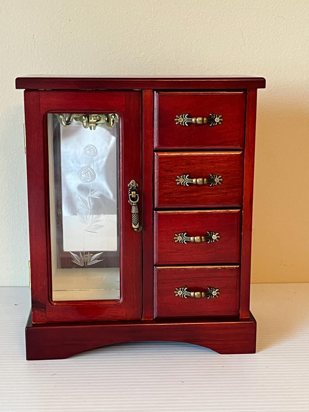 Vintage Wood Glass Jewelry Box, Display Curio Cabinet, Home Decor ...