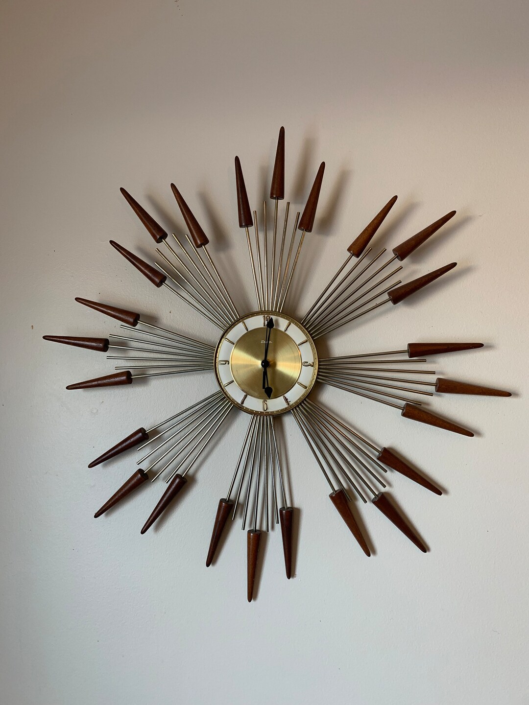 Huge Mid Century Snider Teak Starburst Clock, Vintage Starburst Clock ...