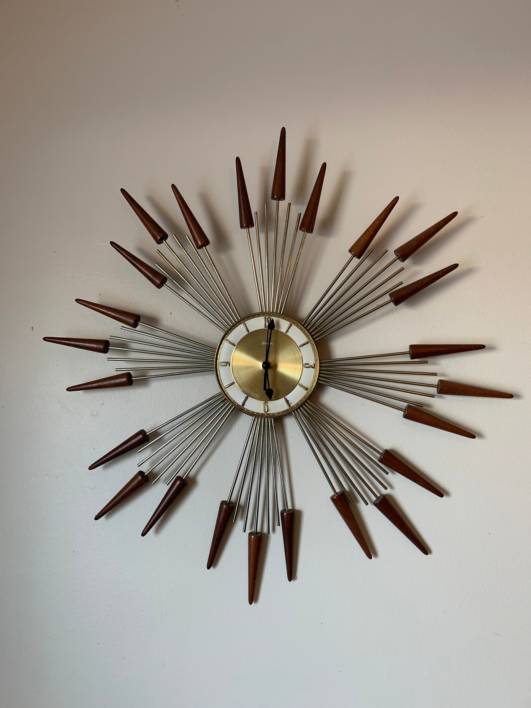 Huge Mid Century Snider Teak Starburst Clock, Vintage Starburst Clock ...