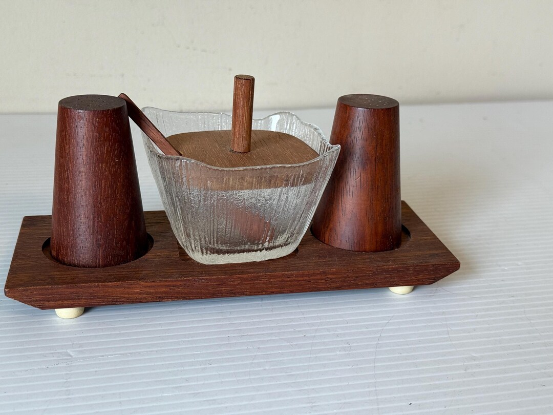 Retro Mid Century Condiment Caddy, Wooden Glass Set, Salt Pepper Shaker ...