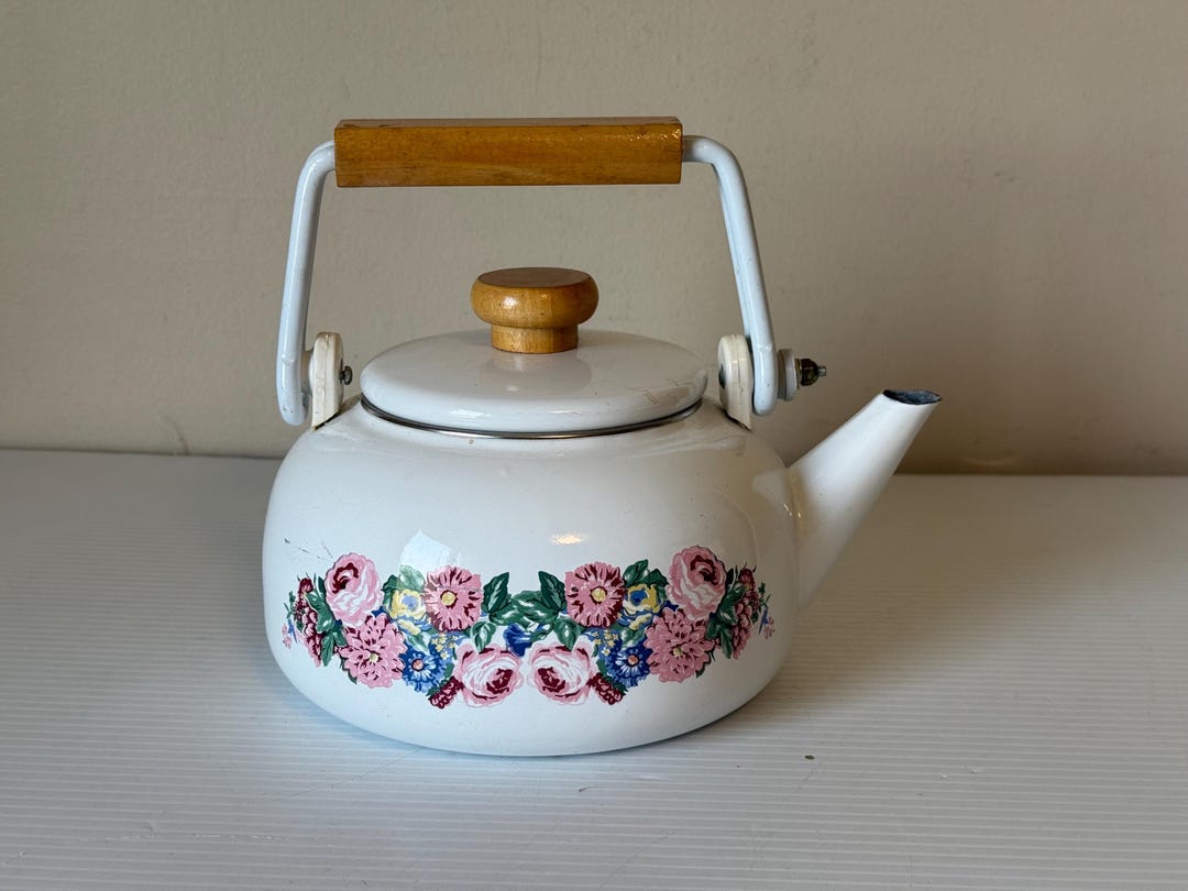 Vintage Floral Enamelware Tea Kettle, Wood Handle, Rustic Kitchen Decor ...