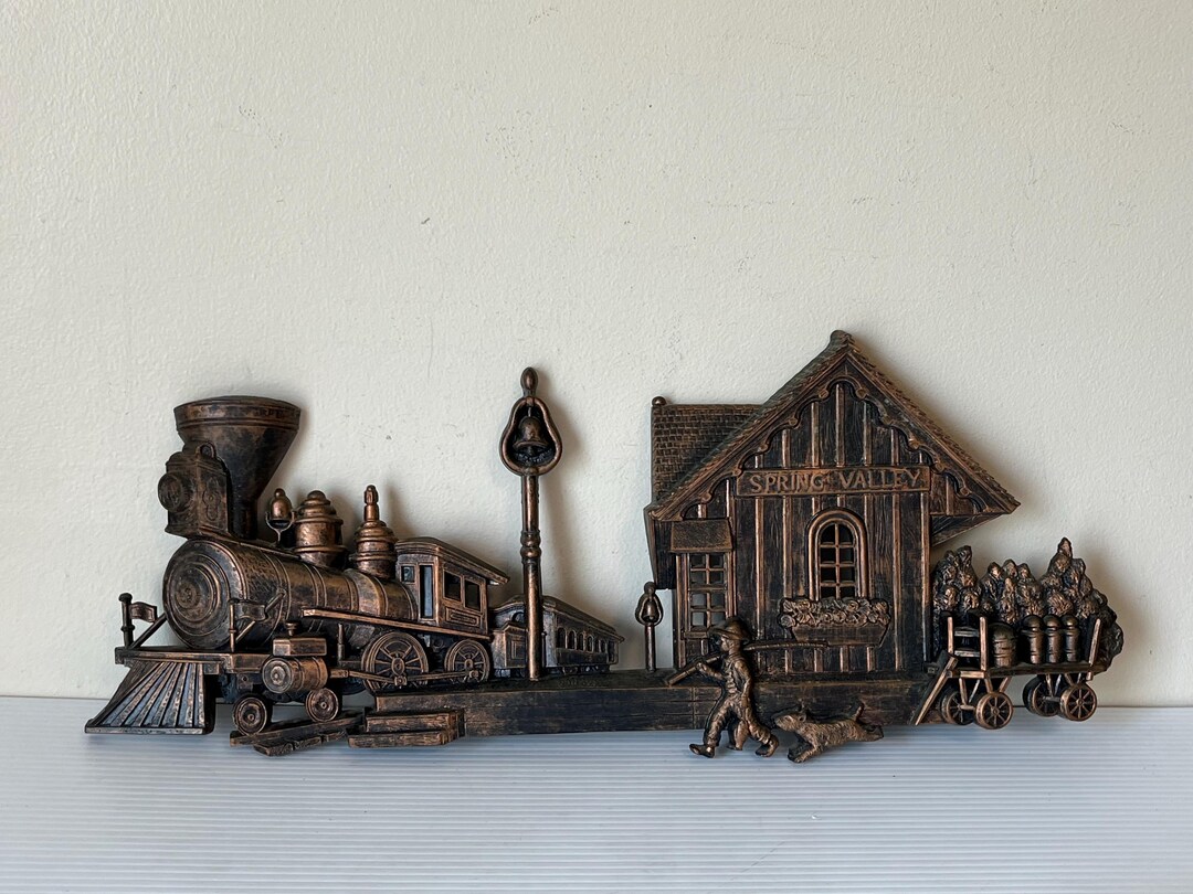 Vintage Coppercraft Train Station Wall Art, Boy and Dog Fishing Decor ...