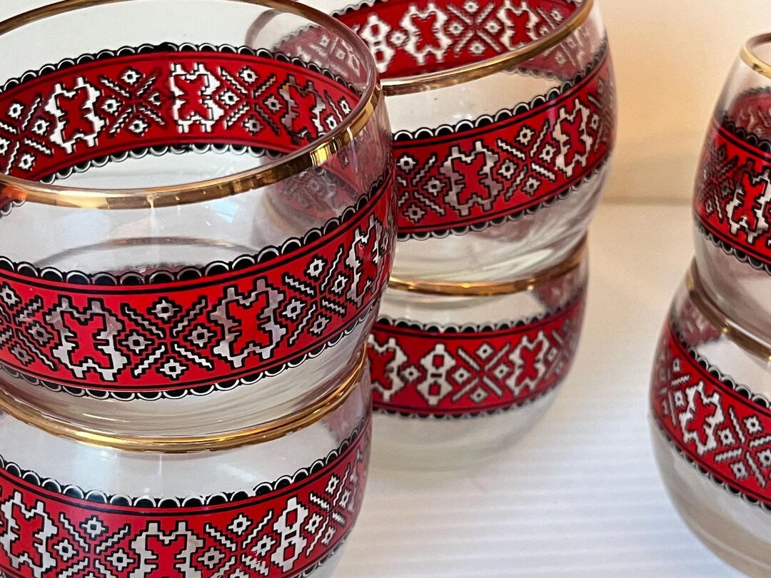 6 Ukrainian Red Embroidered Roly Poly Rocks Glasses, Handcrafted ...