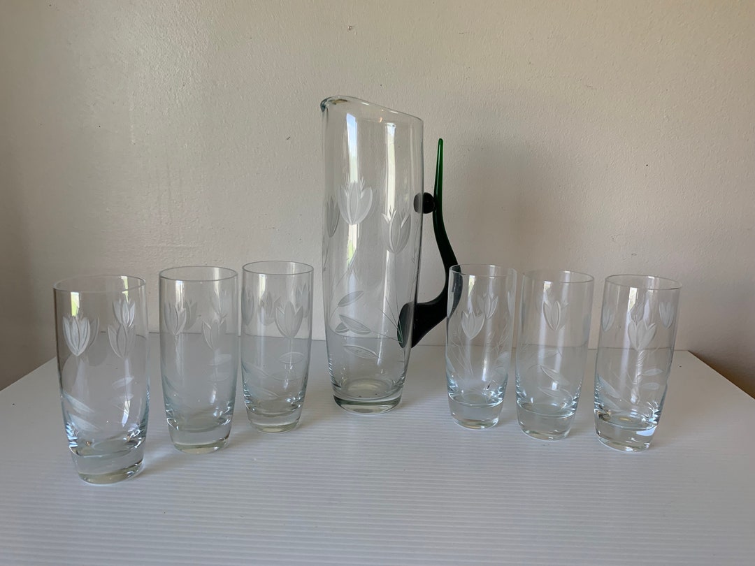 Stunning Mid Century Glass Pitcher Set With Etched Contemporary Floral ...