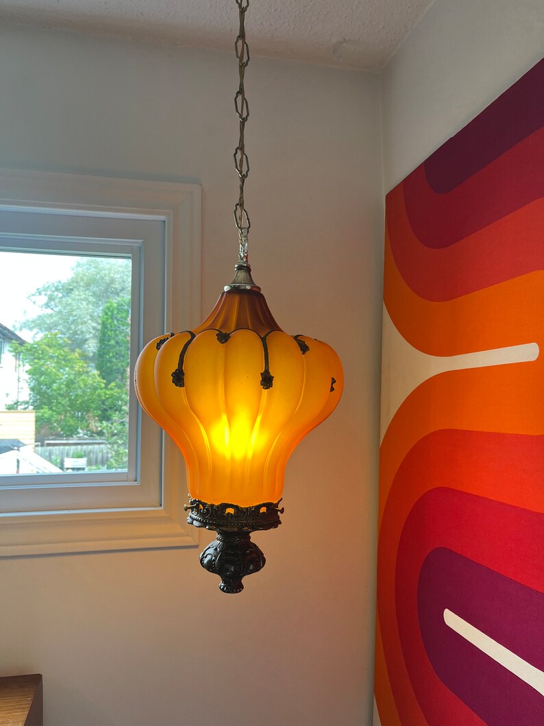 Vintage Amber Glass Hanging Swag Lamp, Retro Swag Lamp, Mid Century ...