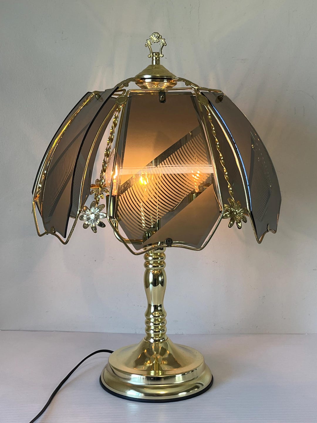 Vintage Touch Brass Table Lamp, Glass Panels Lamp, 80's Vintage Lamp ...