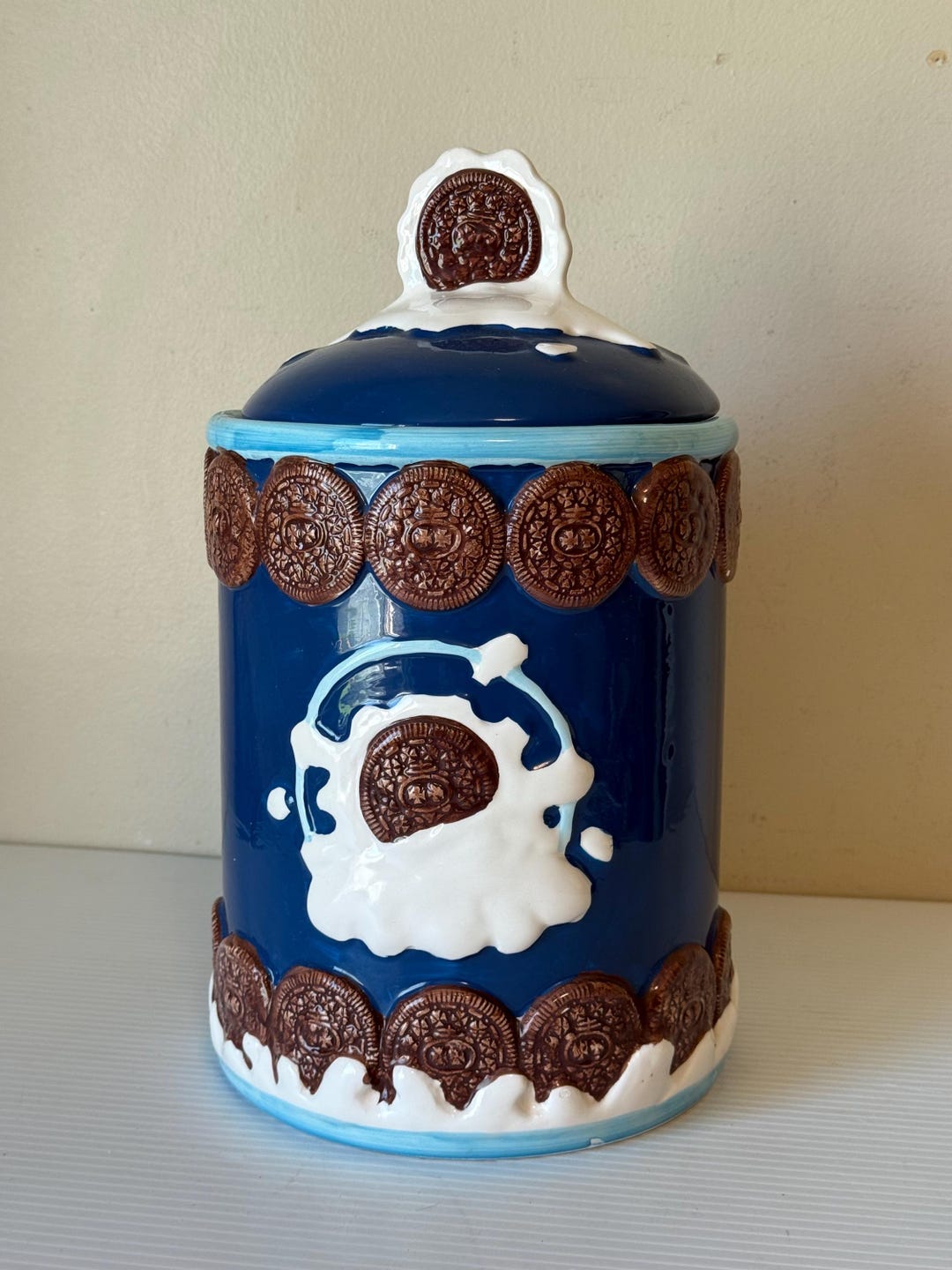 Blue Ceramic Cookie Jar, Milk Splash Design, Vintage Kitchen Decor - Etsy