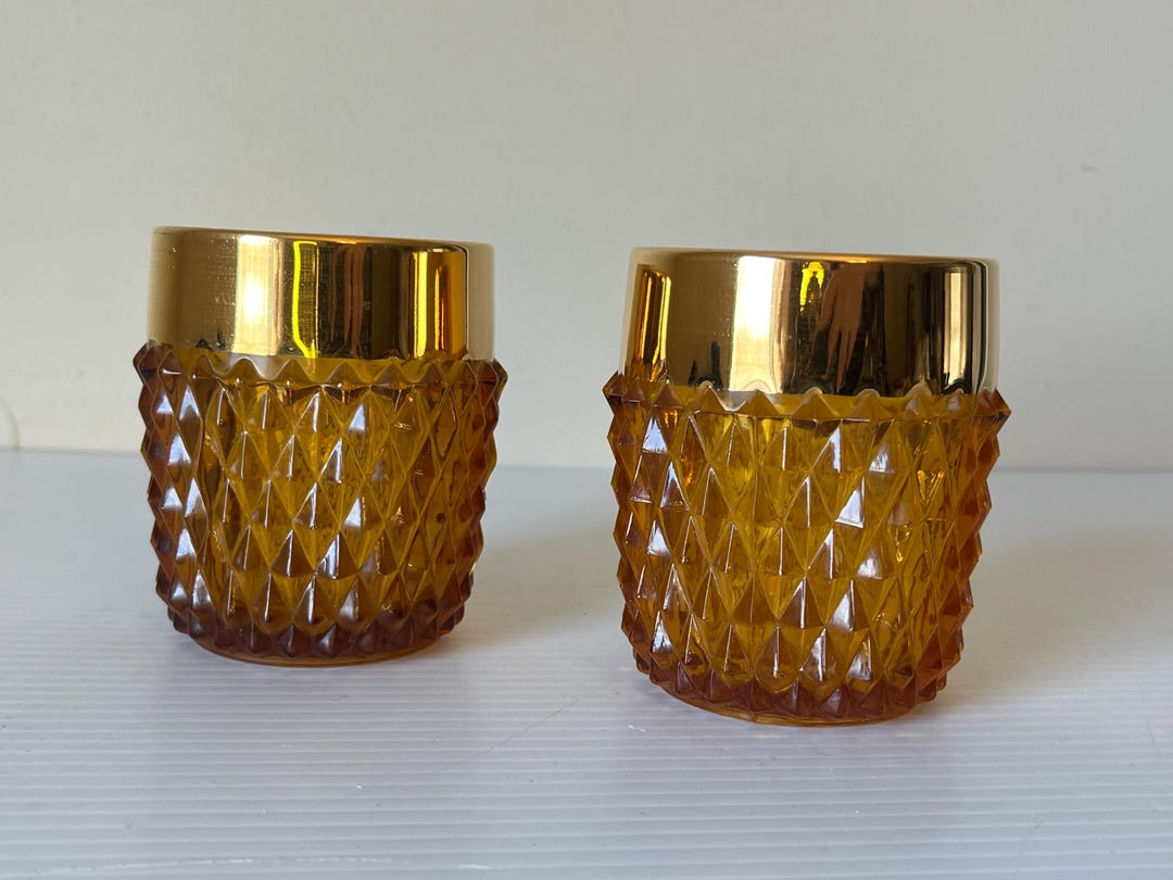 4 Vintage Indiana Glass Amber Diamond Point Rocks Glasses, 24k Gold ...