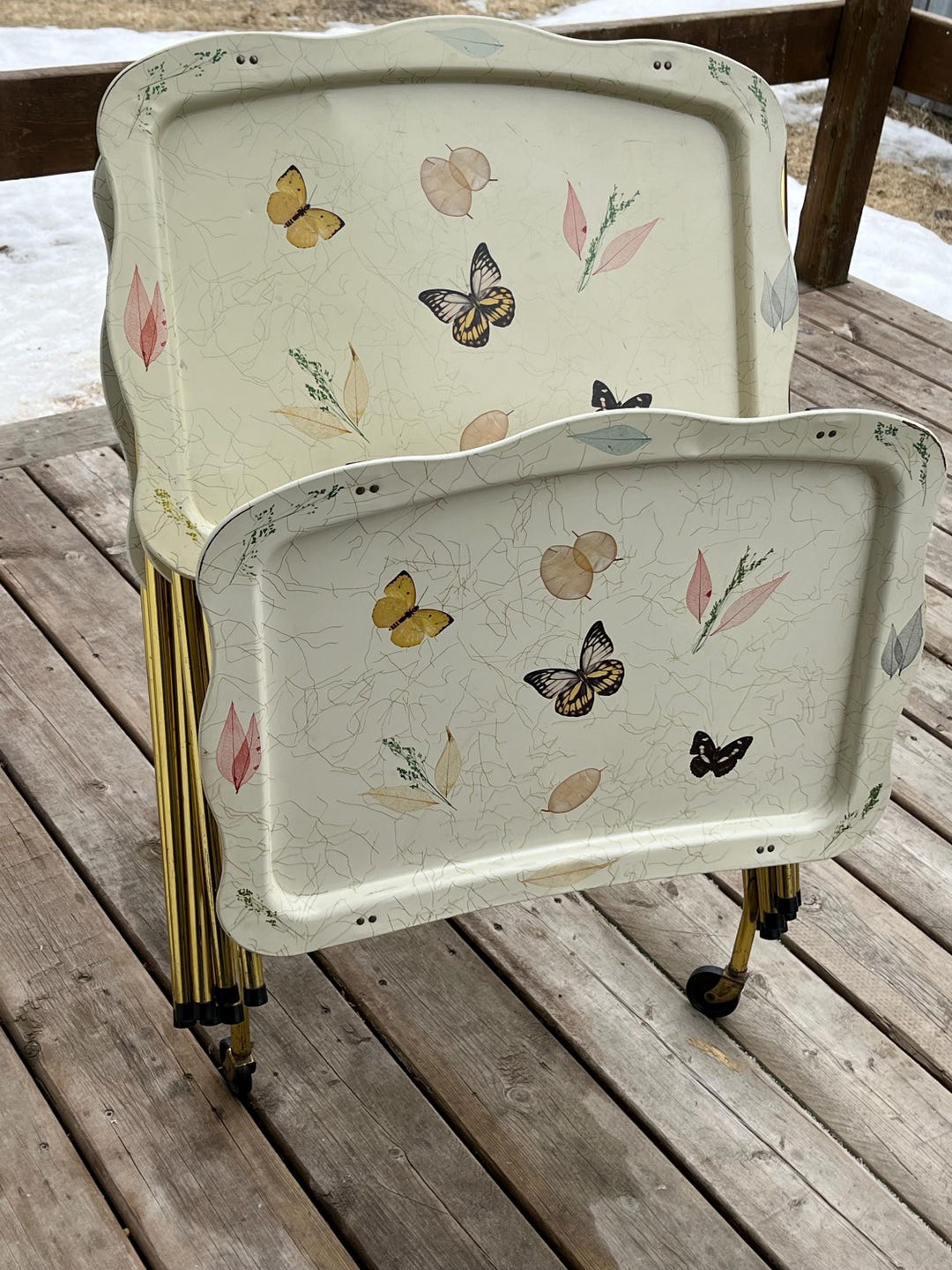 Set of 4 White Butterfly TV Trays With Storage, Metal Trays, Folding TV ...