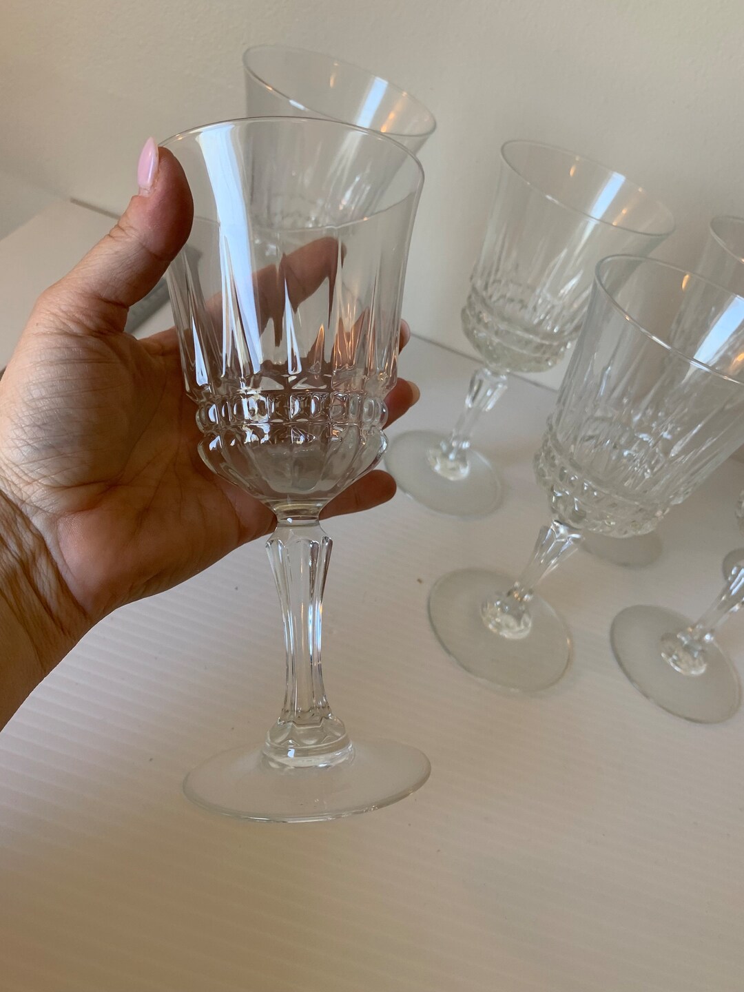 Vintage Set of 8 Lead Crystal Clear Glass Pedestal Footed Stemware Wine ...