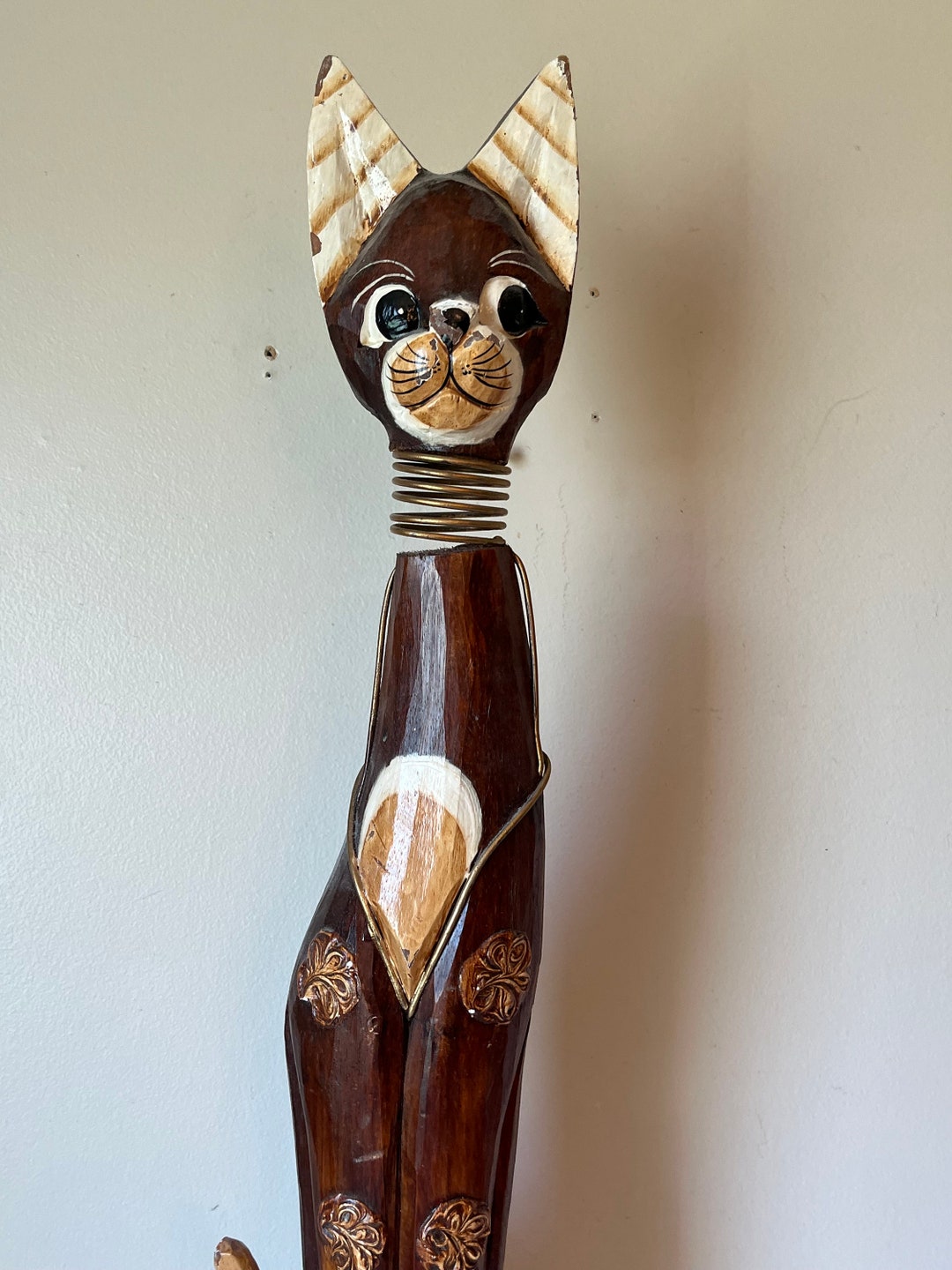 Tall Cat Figurine Hand Carved & Painted Set, Spring Neck Detail, Bubble ...
