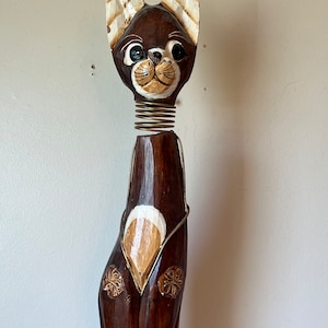 Tall Cat Figurine Hand Carved & Painted Set, Spring Neck Detail, Bubble ...