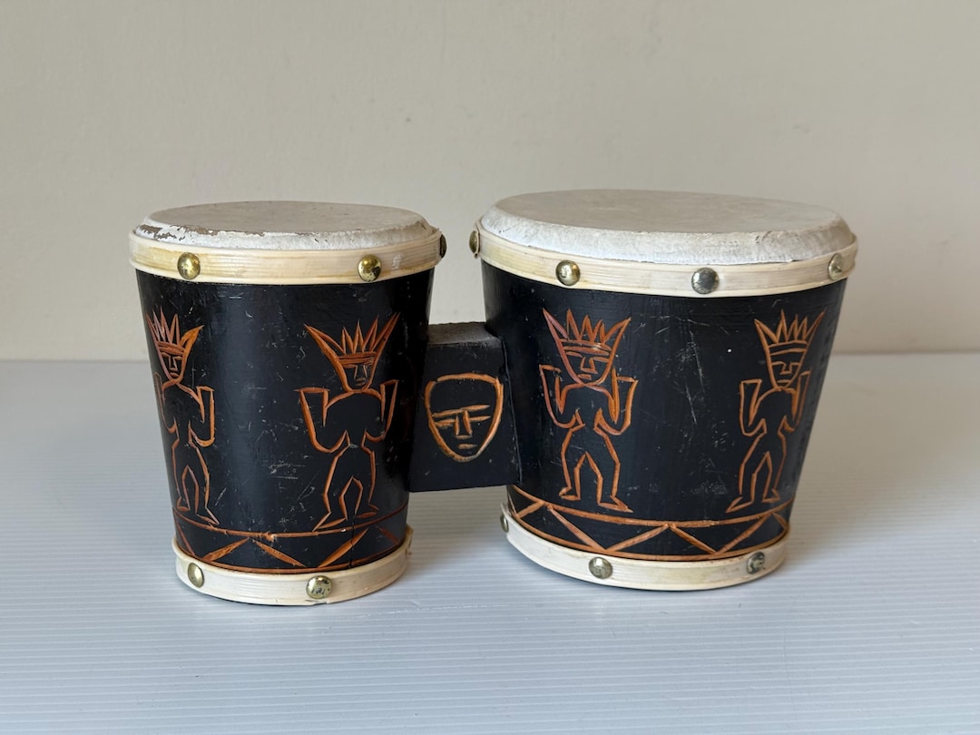 Carved Wood Bongos, Boho Folk Art Drums, Vintage Handmade Percussion ...