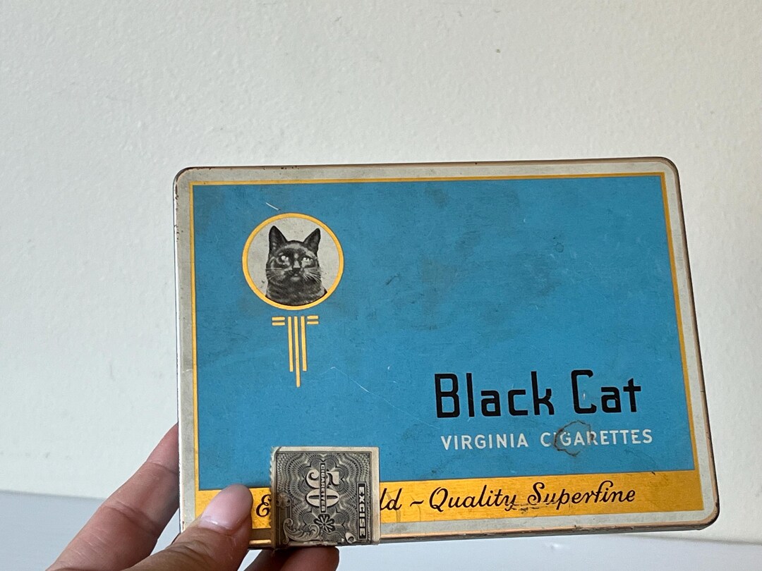 Vintage Black Cat Cigarette Tin 1950's Rare Tobacciana Cork Blue ...