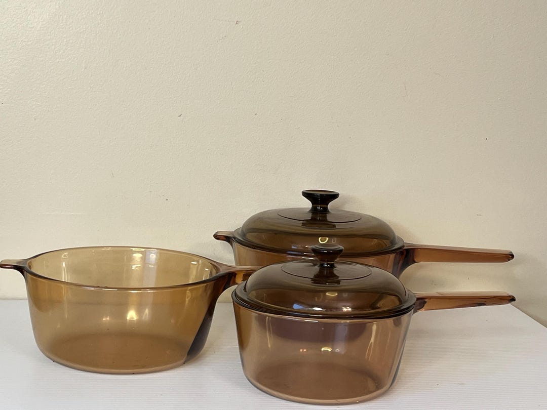 Vintage Amber Brown Glass Bakeware Set, Vision Ware Pots, Pyrex ...