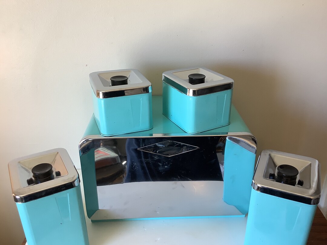 Vintage Turquoise Canister Set Including Breadbox, MCM Robin Egg Blue ...