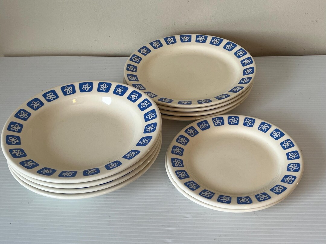 Romanian Blue Flower Dinnerware Set, Atomic Turquoise, 4 Salad Bowls, 4 ...