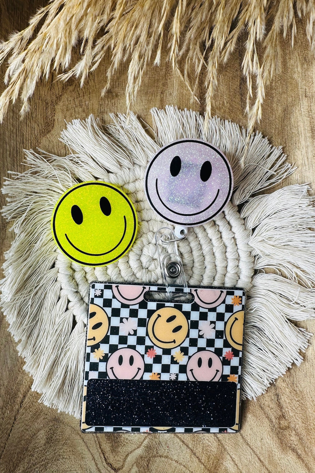 Retro Smiley Badge Buddy | Glitter Badge Buddy | Gifts for Her | Custom ...