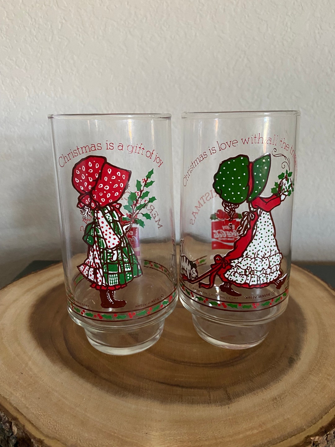 Vintage 1977 Coca Cola Glasses Set Of Two 2 Holly Hobbie Christmas Is A