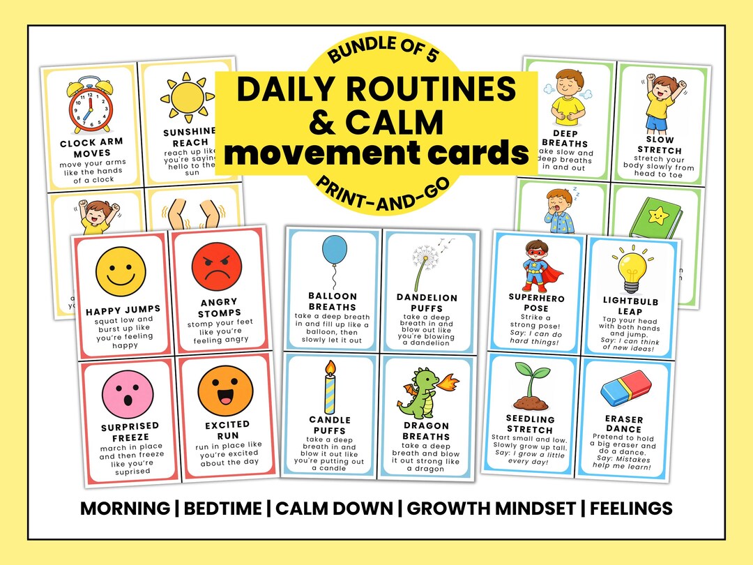 Daily Routines & Calm Movement Cards Bundle | Preschool SEL Activities ...