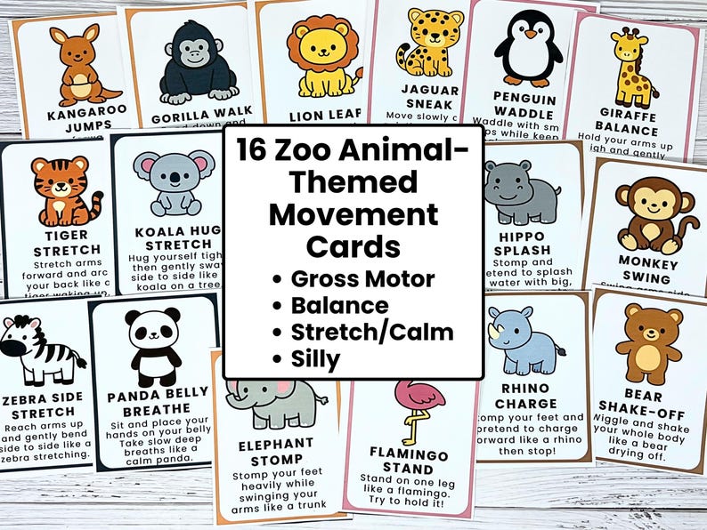 Zoo Animals Movement Cards for Kids | Brain Breaks, Gross Motor ...