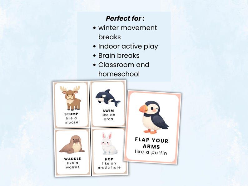 Arctic Animals Movement Cards for Kids | Indoor Brain Breaks and Gross ...