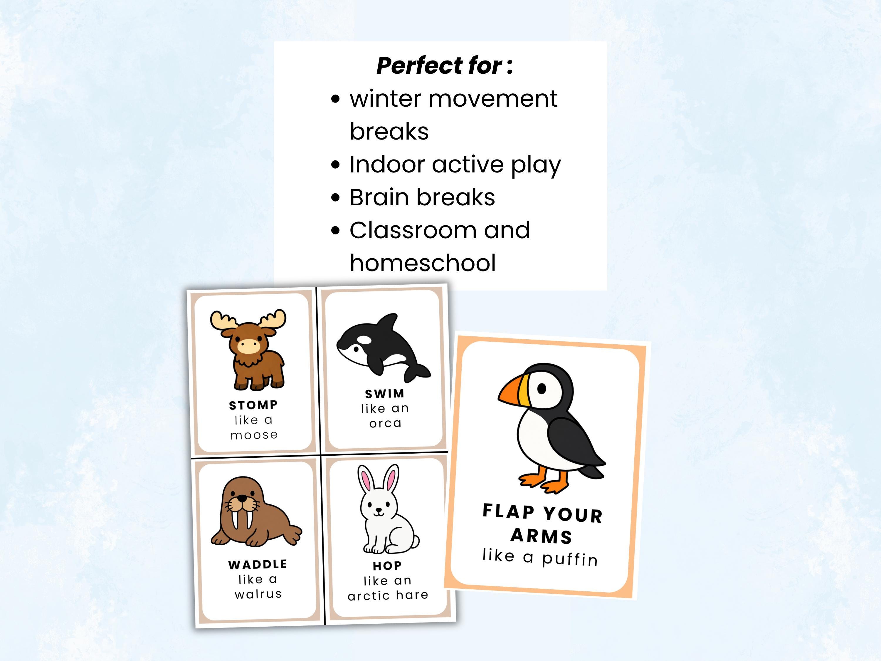 Arctic Animals Movement Cards for Kids | Indoor Brain Breaks and Gross ...