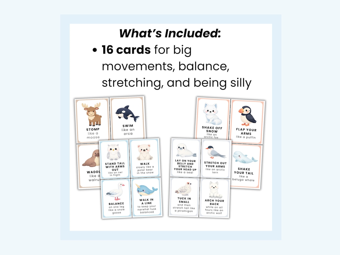 Arctic Animals Movement Cards for Kids | Indoor Brain Breaks and Gross ...